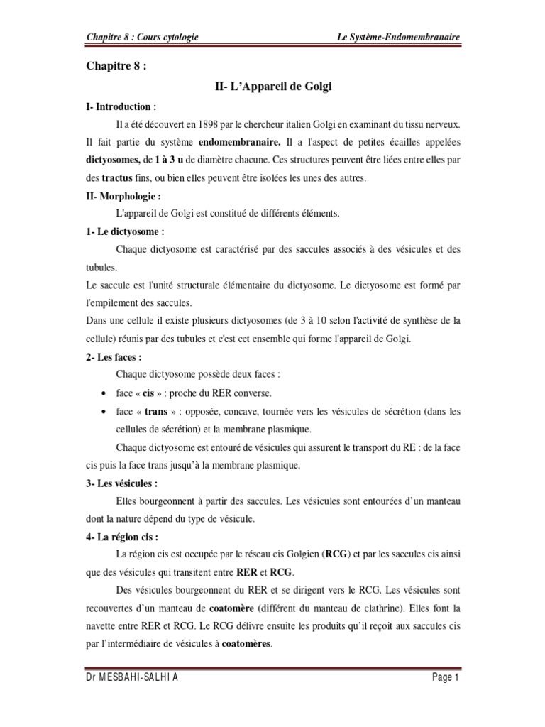 Rôle et structure du dictyosome | PDF | Réticulum endoplasmique ...