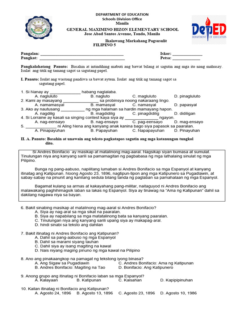 2nd PT in Filipino 5 | PDF