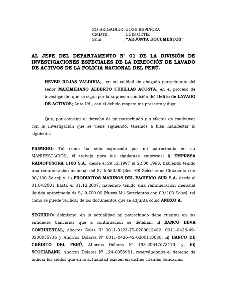 adjunta documentos en la investigación de lavado de activos CUBILLAS_pnp | PDF