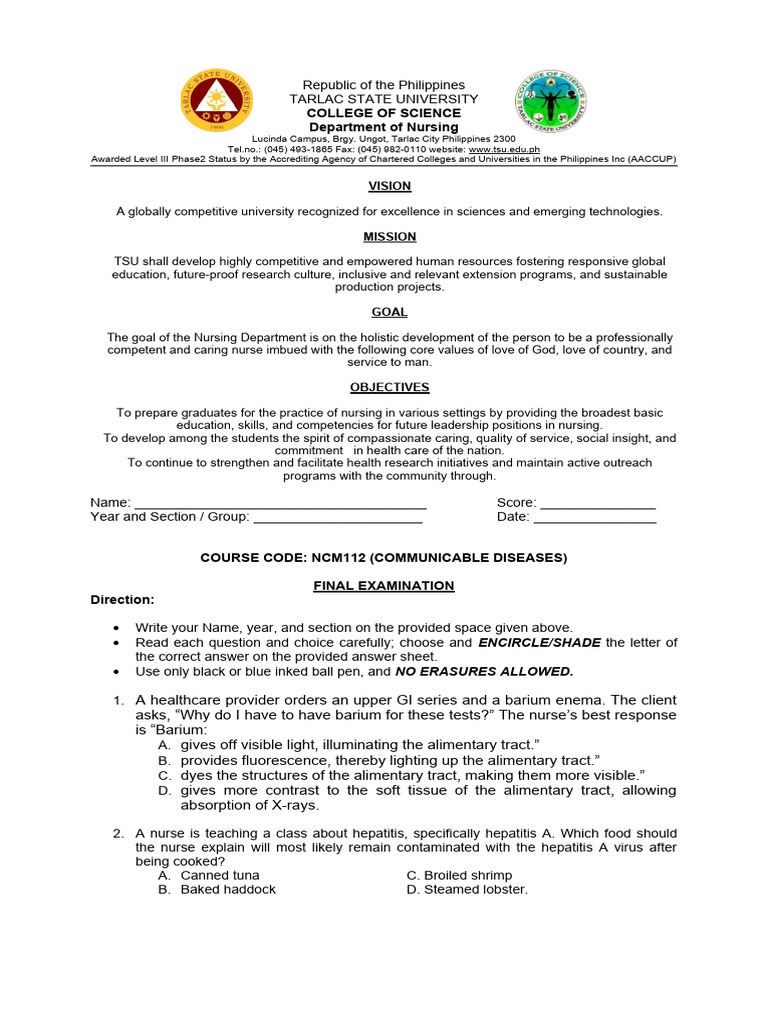 Final Exam (Lec) NCM 112 Wo Ans | PDF | Crohn's Disease | Arthritis