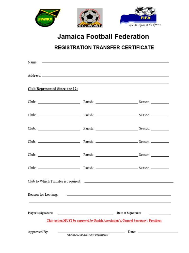 Football Transfer Registration Form | PDF | Sports & Recreation