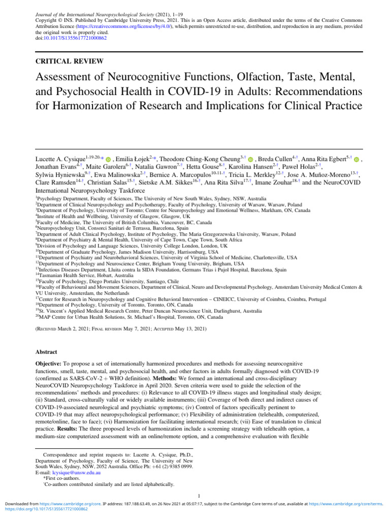 Assessment of Neurocognitive Functions Olfaction Taste Mental and ...