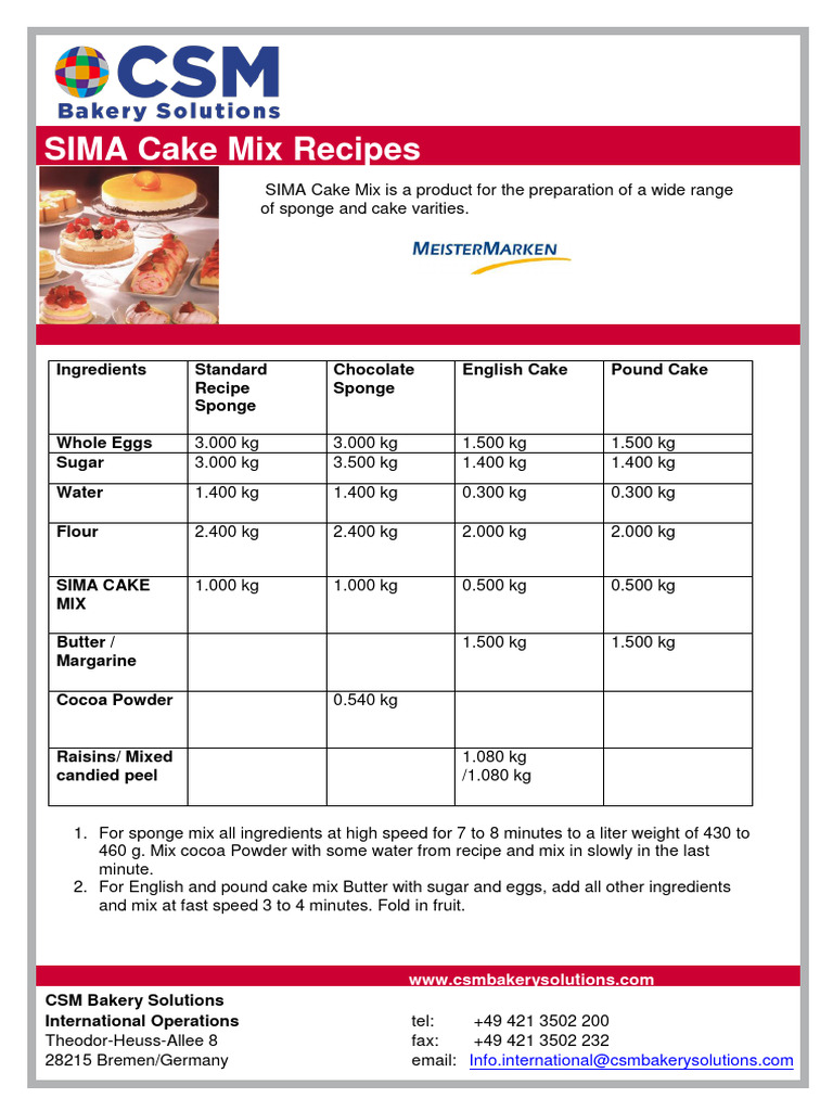 SIMA Cake Mix Recipe Guide | PDF | Cooking, Food & Wine | Science ...