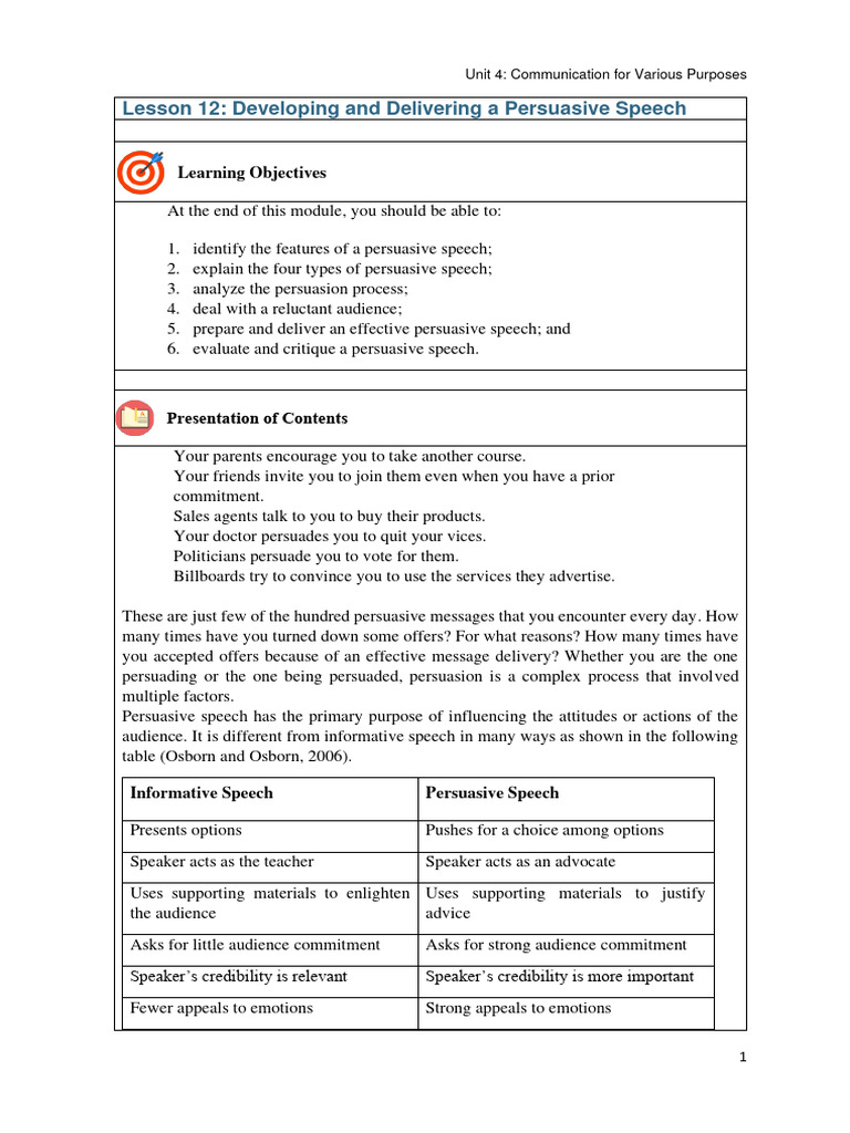 Lesson 12 Developing and Delivering A Persuasive Speech | PDF | Persuasion | Public Speaking