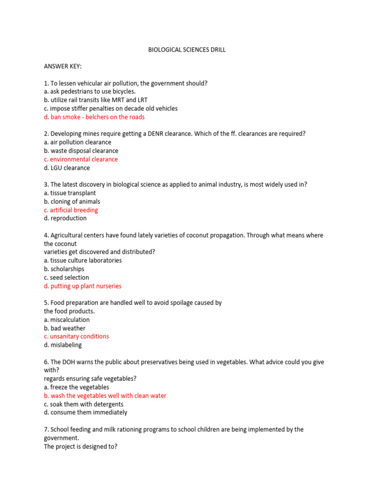 Biological Sciences Drill Answer Key | PDF | Leaf | Plants