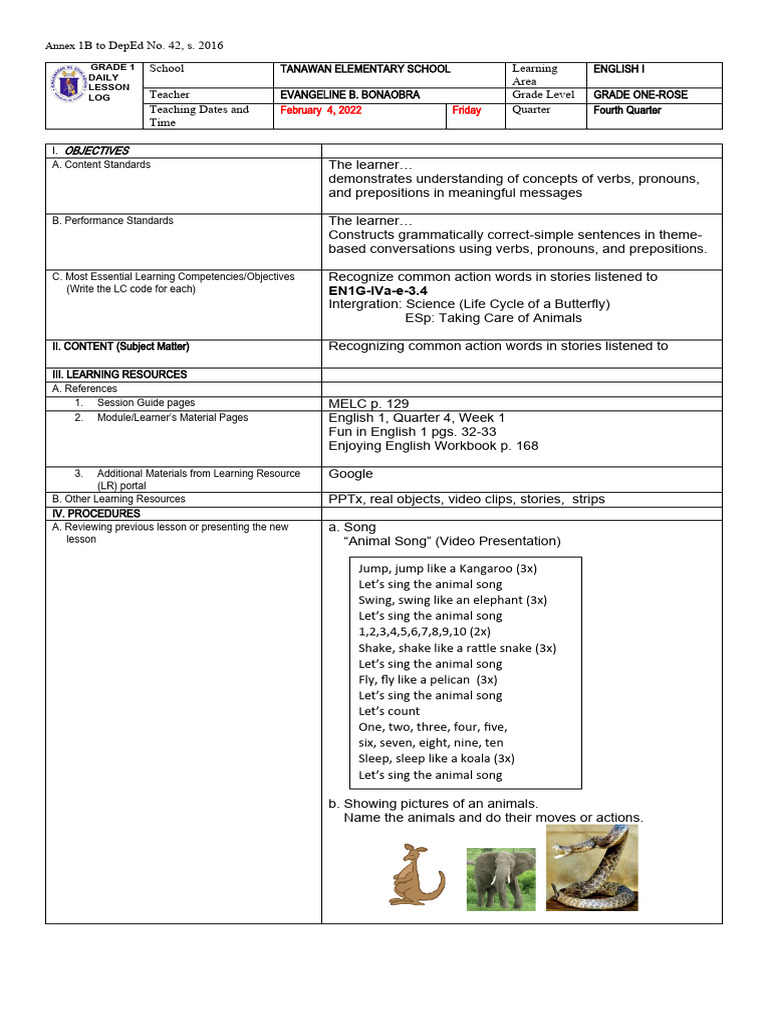 Action Words Lesson Plan for Grade 1 | PDF