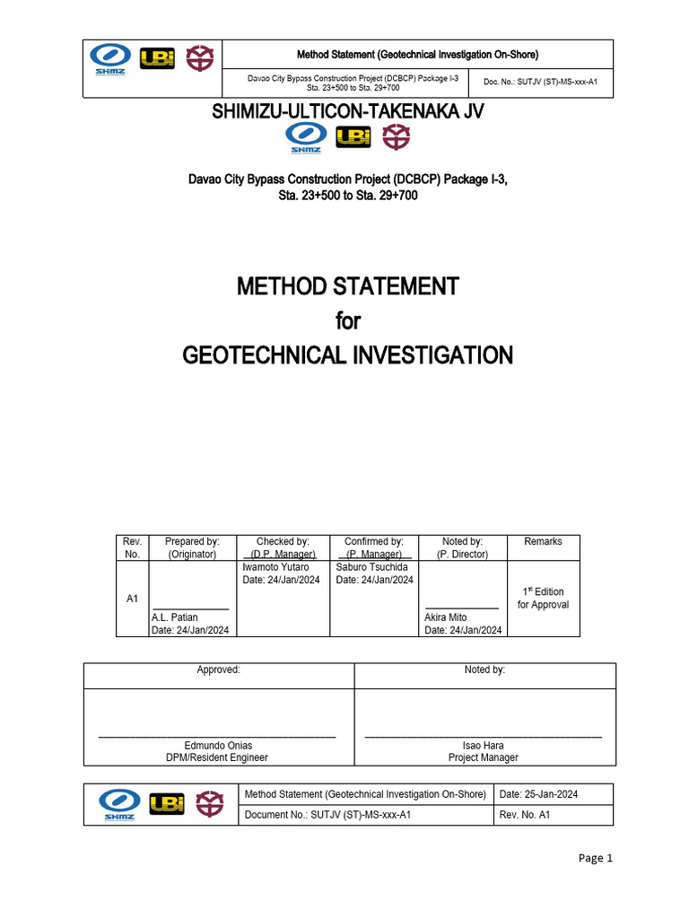 Method Statement For Soil Investigation - 20240125 - A1-Rev. 0 | PDF | Geotechnical Engineering ...