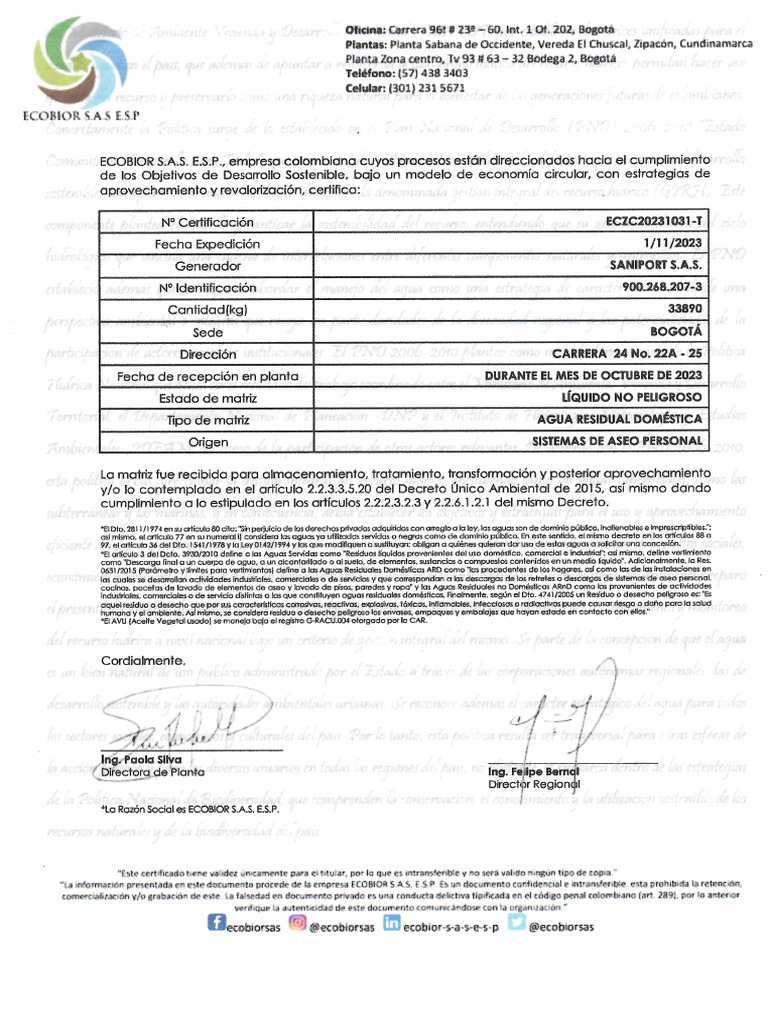 Cerificado de Vertimientos Octubre 2023 | PDF