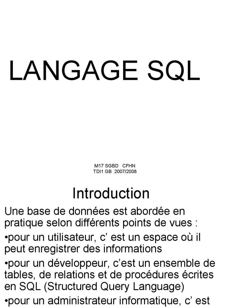 Introduction au langage SQL et SGBD | PDF | SQL | Bases de données