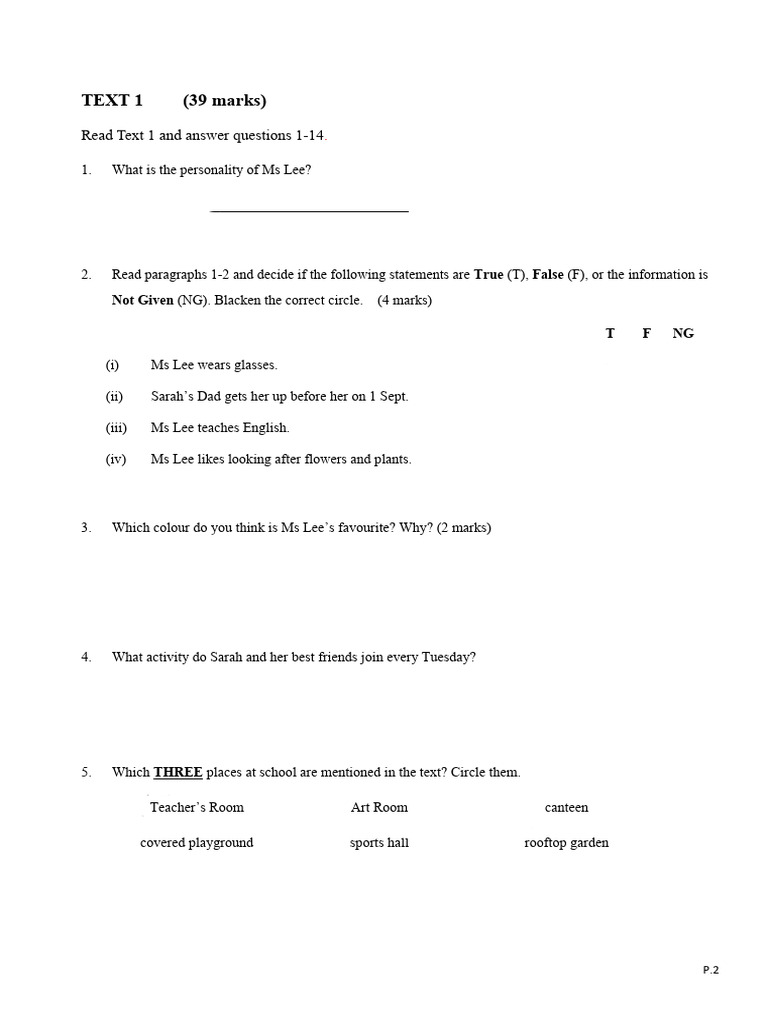 1920 S1 T1 Revision Paper (Reading) - Suggested Answers | PDF