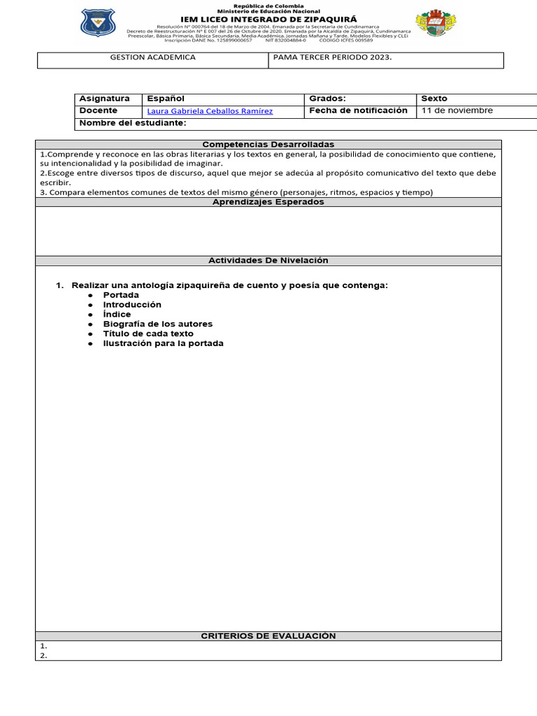 Formato PAMA 2023 | PDF