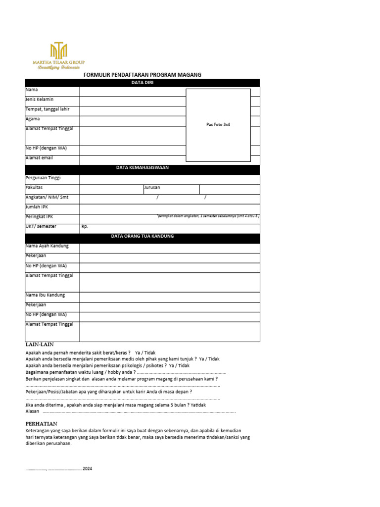 Form Peserta Magang | PDF