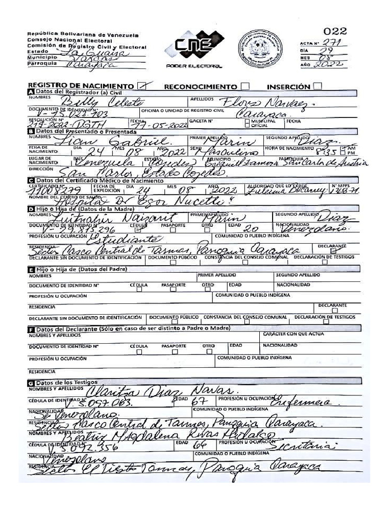 Partida de Nacimiento Liam Gabriel | PDF