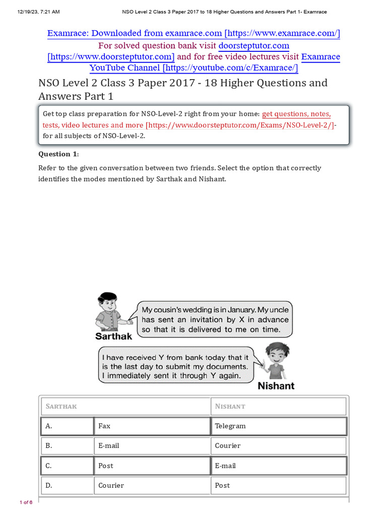 NSO Level 2 Class 3 Paper 2017 18 Part 1 | PDF | Science & Mathematics