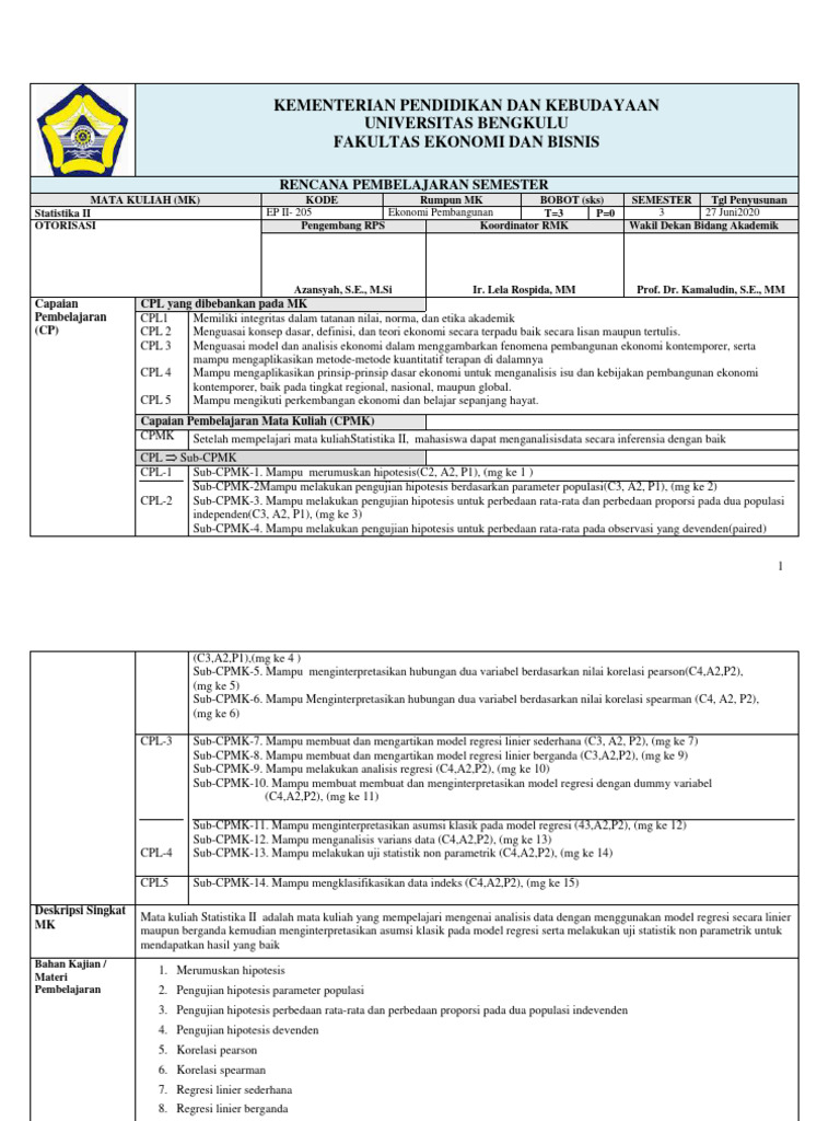 RPS Statistik II | PDF | Metode & Bahan Ajar