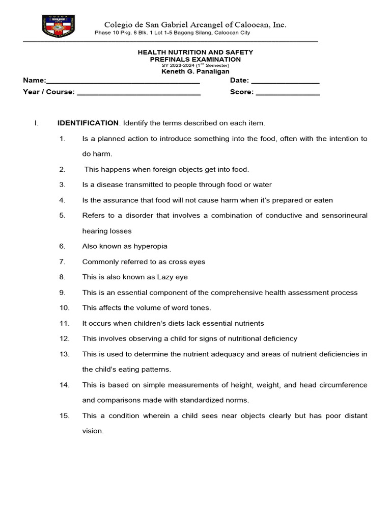 Health Nutrition Safety Exam 2023 | PDF | Nutrition | Diet & Nutrition