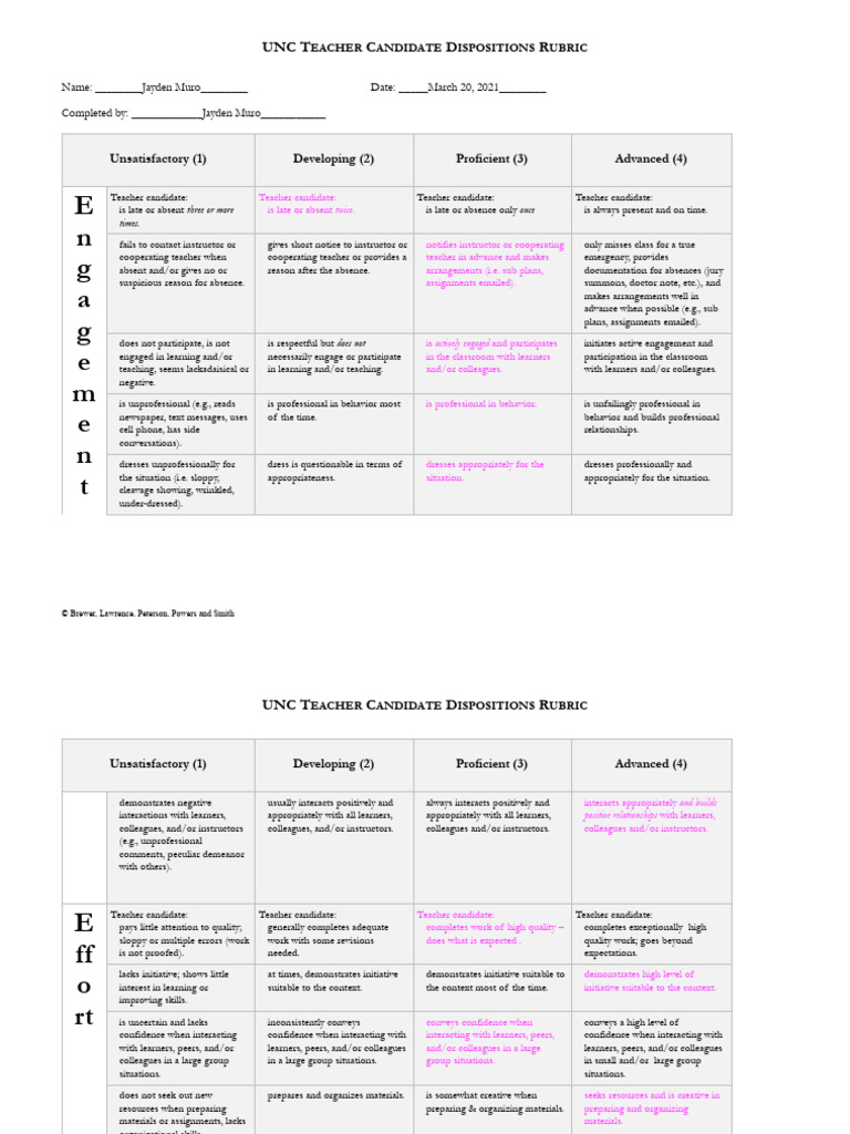 Dispositions Rubric & Reflection PDF | PDF | Learning | Teachers