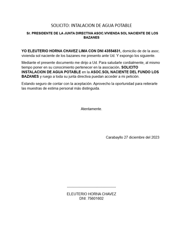 Solicito DE AGUA POTABLE | PDF