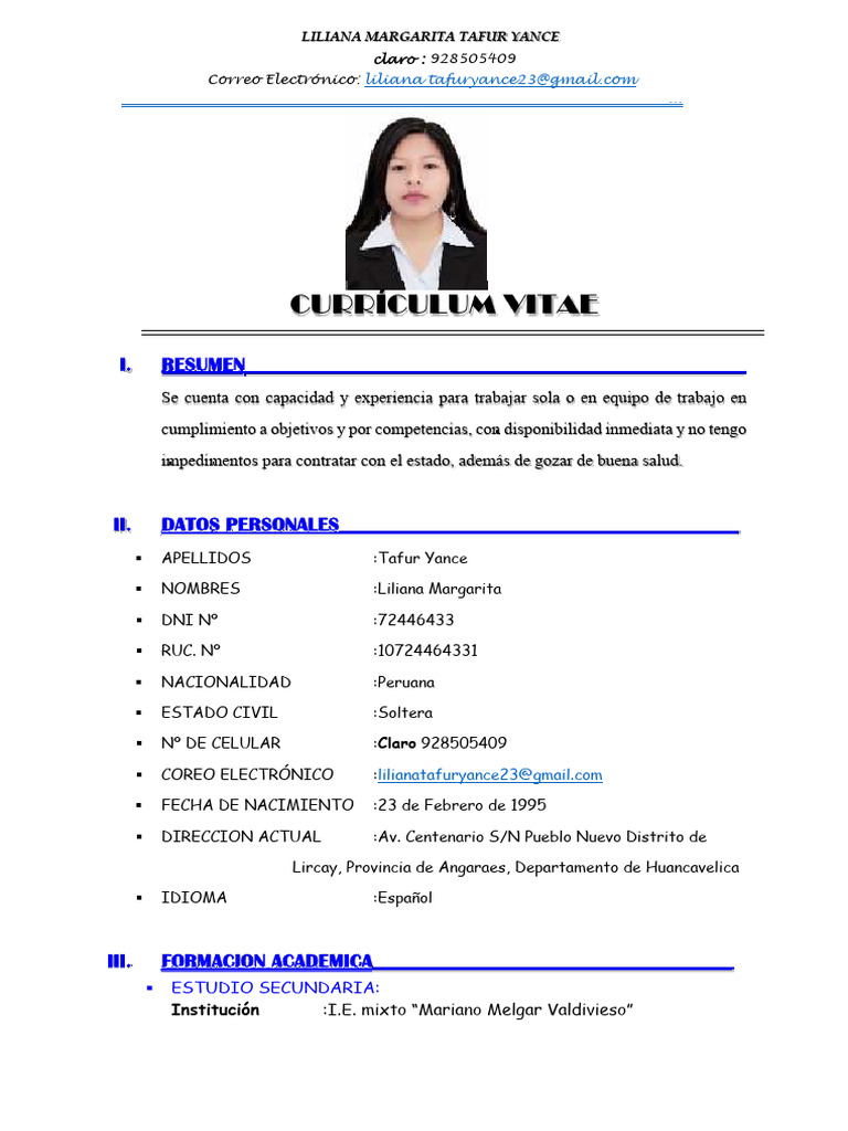 Cv-liliana Tafur-jefe de Cuadrilla | PDF Cv-liliana Tafur-jefe de Cuadrilla | PDF