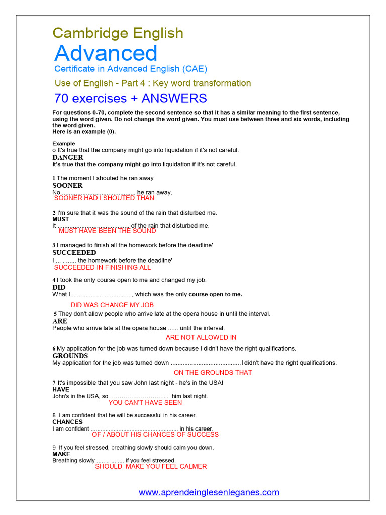 CAE KEY WORD TRANSFORMATIONS 1-Answers | PDF