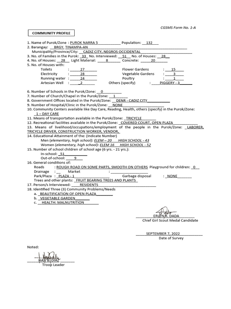Erlyn R. Dada CGSMS Form No. 1 A Community Profile | PDF