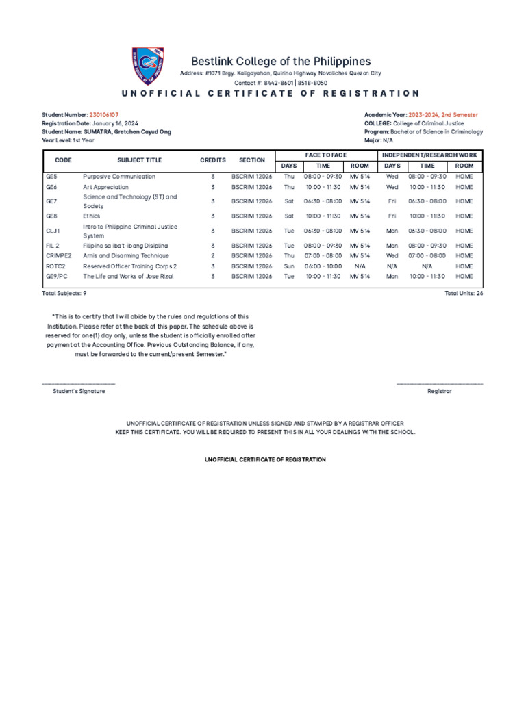 Best Ink Co Ege of The Phi Ippines: Unofficial Certificate of Re ...