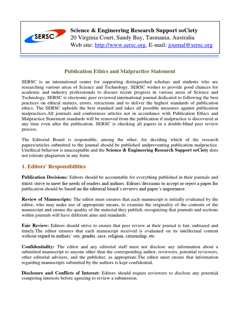 SERSC Publication Ethics and Malpractice Statement | PDF | Academic ...