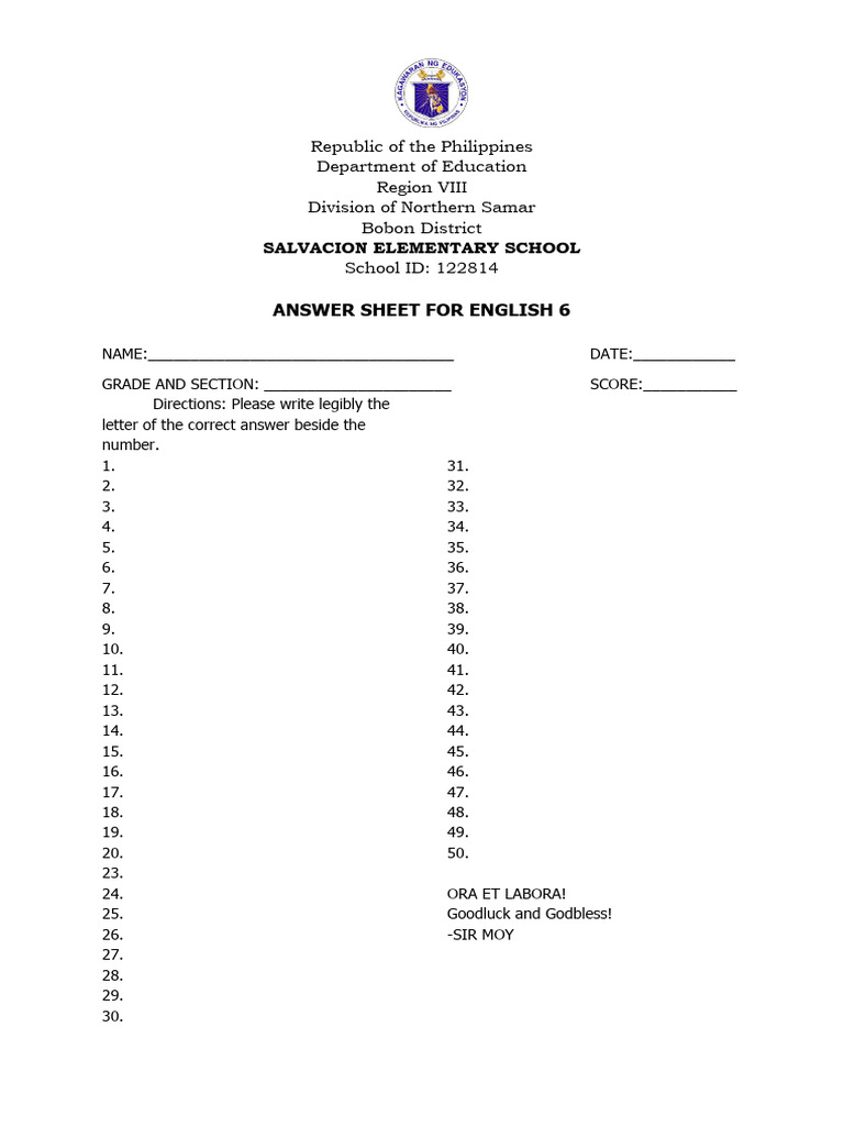 Answer Sheeet For Grade 6 English | PDF