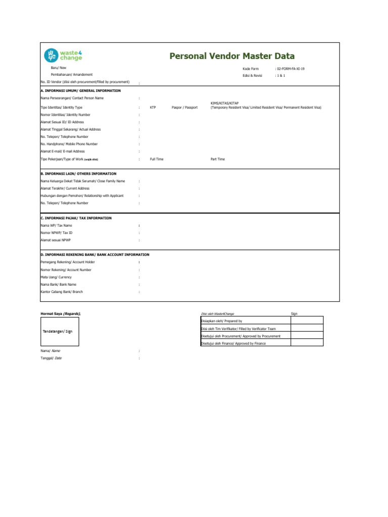 02-FORM-FA-XI-19 - Template Personal Vendor Master Data Rev 1 | PDF