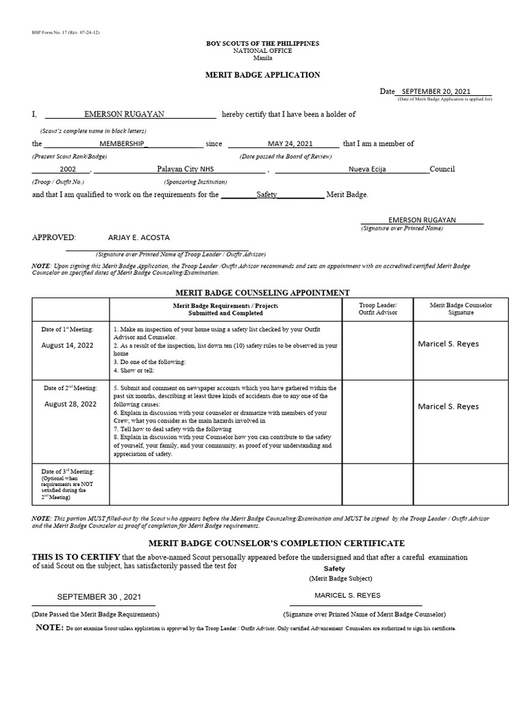 Safety Merit Badge Application Form | PDF