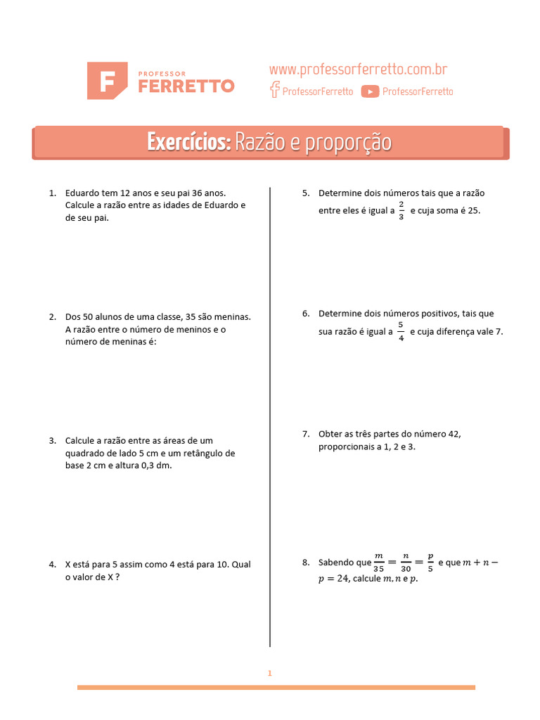 18 - Razão e Proporção - Exercícios | PDF 18 - Razão e Proporção - Exercícios | PDF