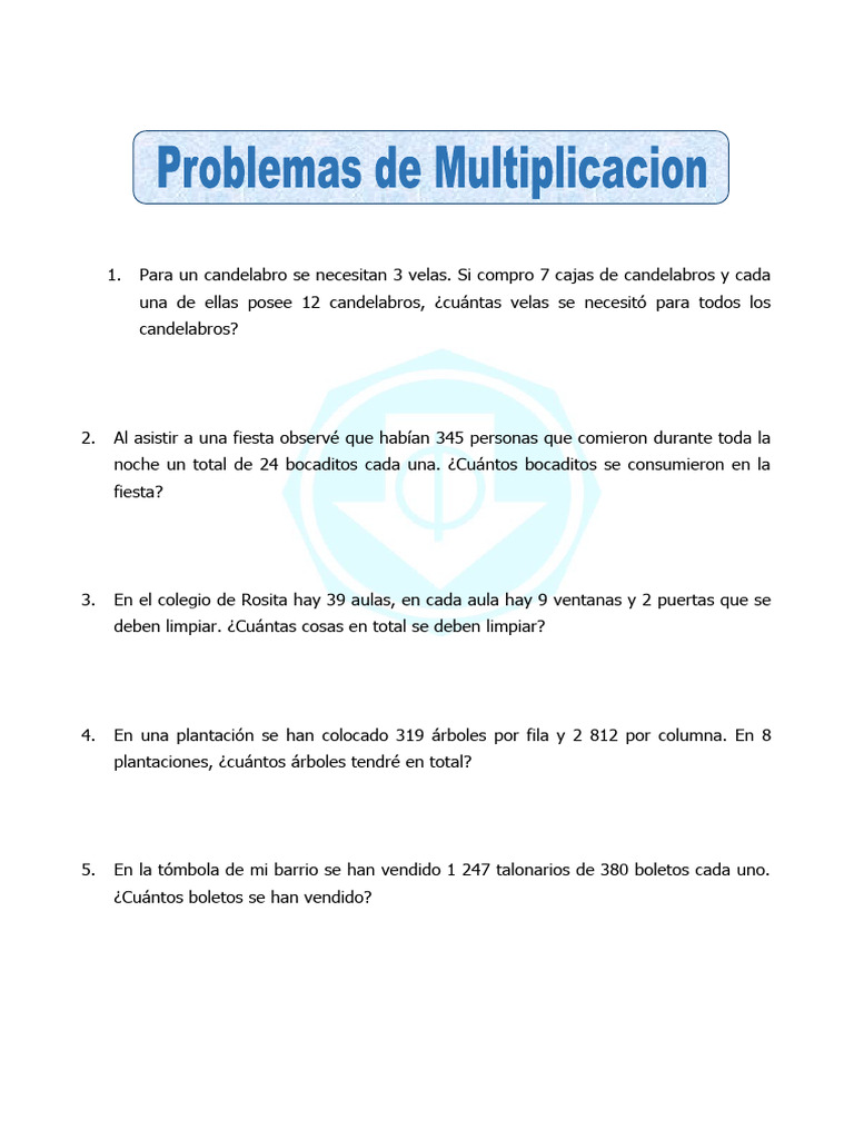 Ficha Problemas de Multiplicacion para Cuarto de Primaria | PDF ...
