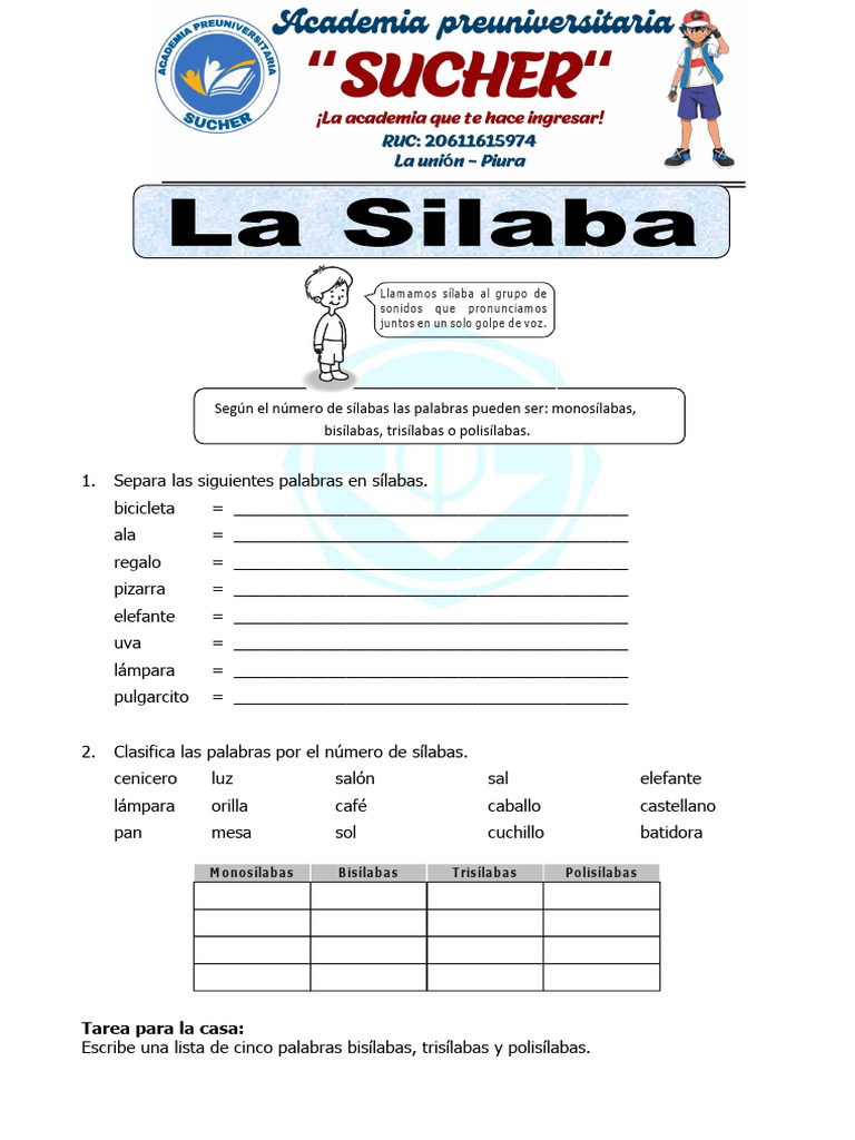 Ficha Clasificacion de Las Silabas para Cuarto de Primaria | PDF ...