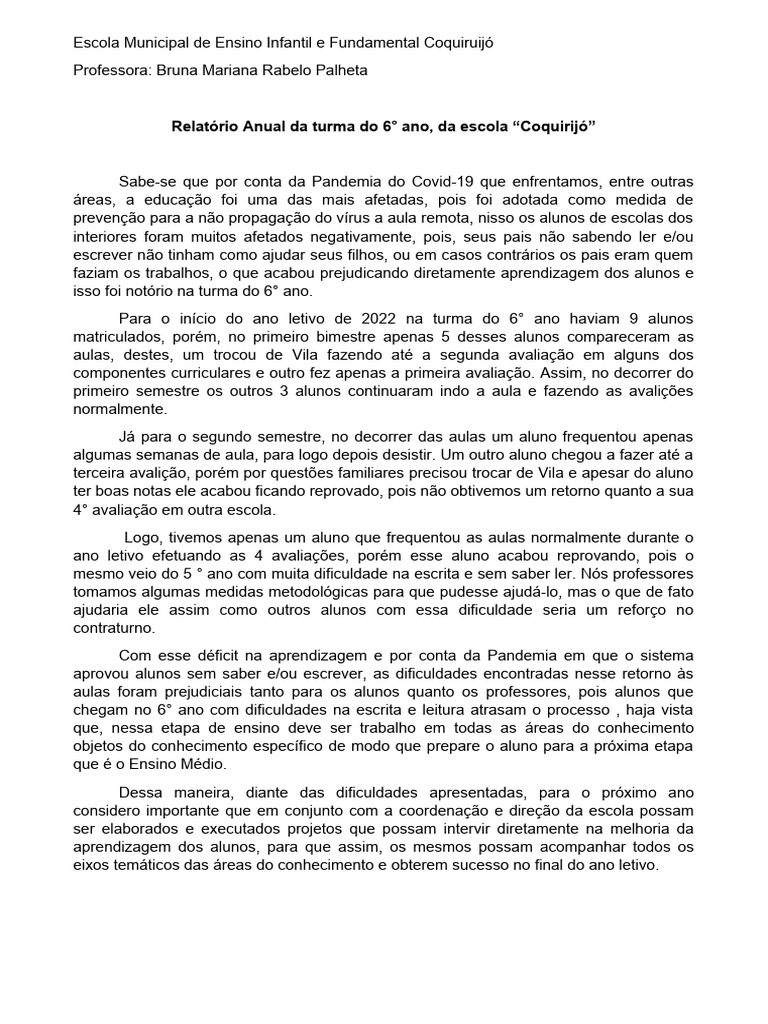 Relatório 6° Ano | PDF | Escolas | Aprendizado