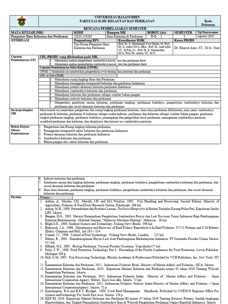 RPS - Pengantar Ilmu Kelautan Perikanan Awal 2023 2024 | PDF