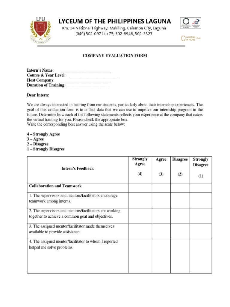 COMPANY-EVALUATION-FORM (For Students) | PDF