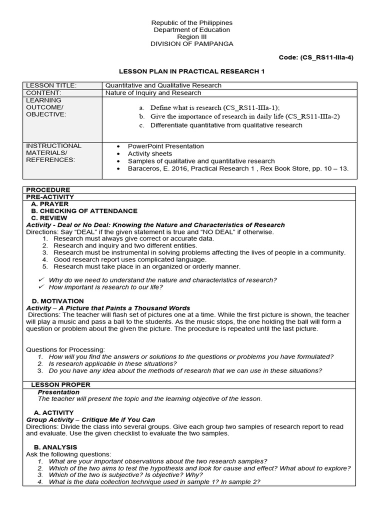 Practical Research 1 Lesson Plan Semi Detailed | PDF | Qualitative ...