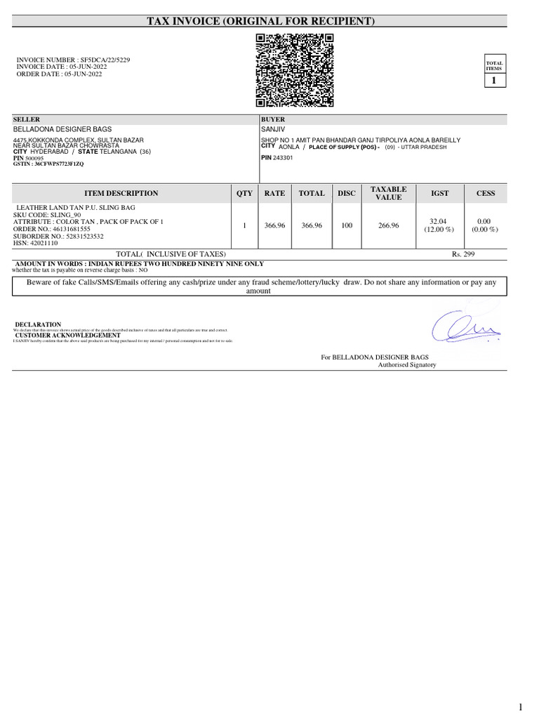 Tax Invoice (Original For Recipient) : Item Description QTY Rate Total Disc Taxable Value Igst ...