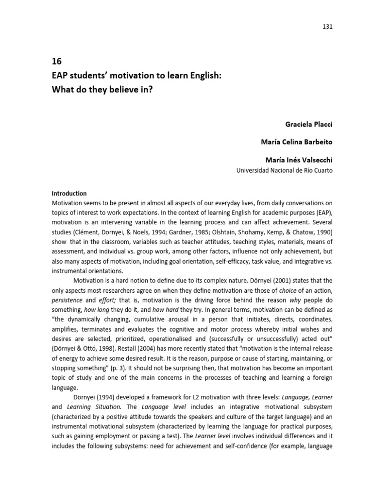 EAP Students' Motivation To Learn English: What Do They Believe In? | PDF