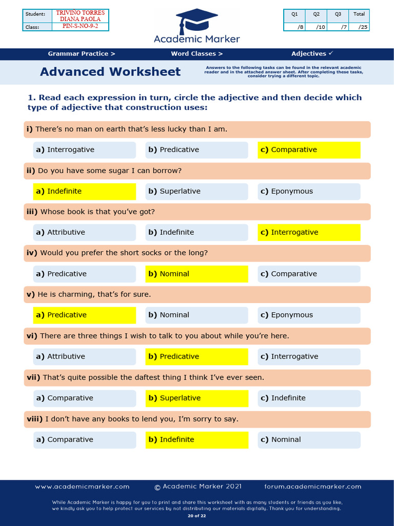 TRIVINO 9-2 Adjectives-Advanced-Worksheet-Academic-Marker | PDF