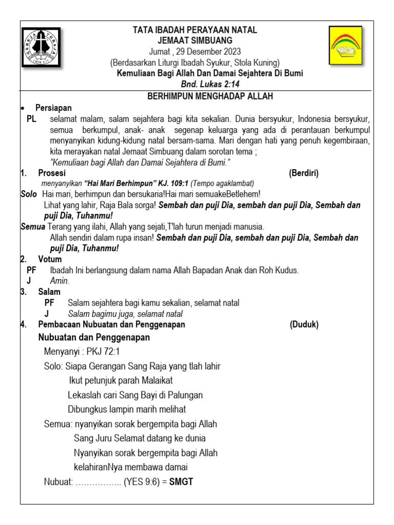 Tata Ibadah Perayaan Natal 29 Desember 2023 New | PDF