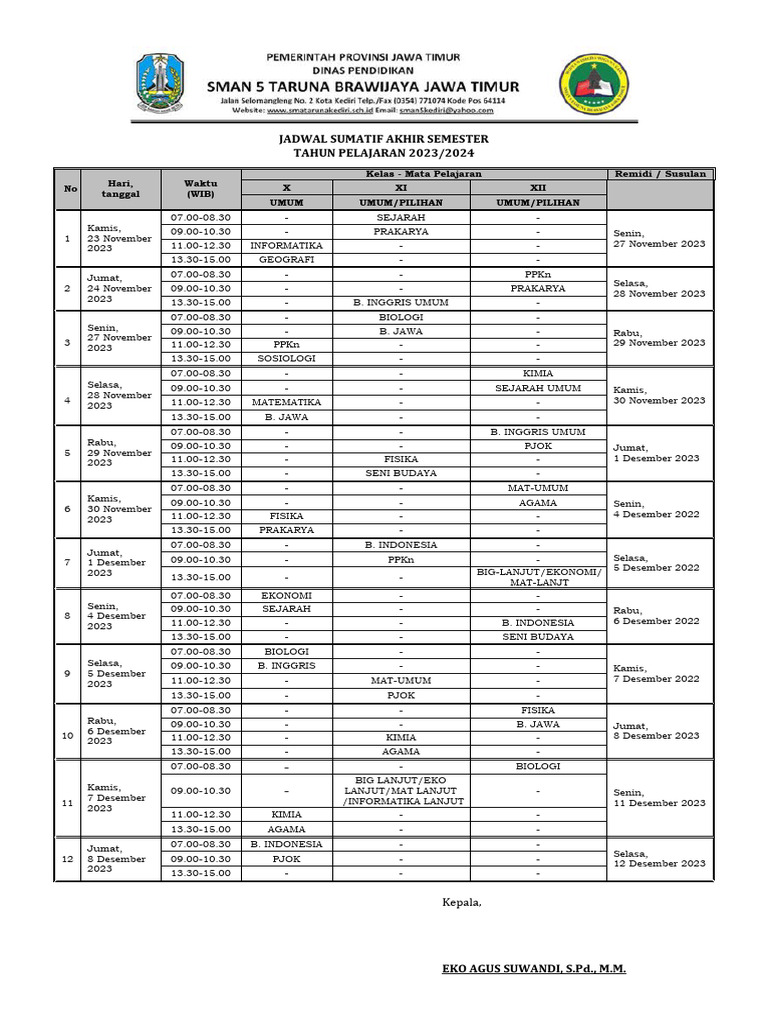 Jadwal Ujian Akhir Semester 2023/2024 | PDF