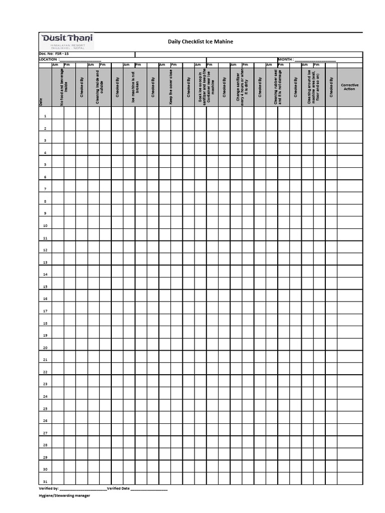 Ice Machine Daily Maintenance Checklist | PDF