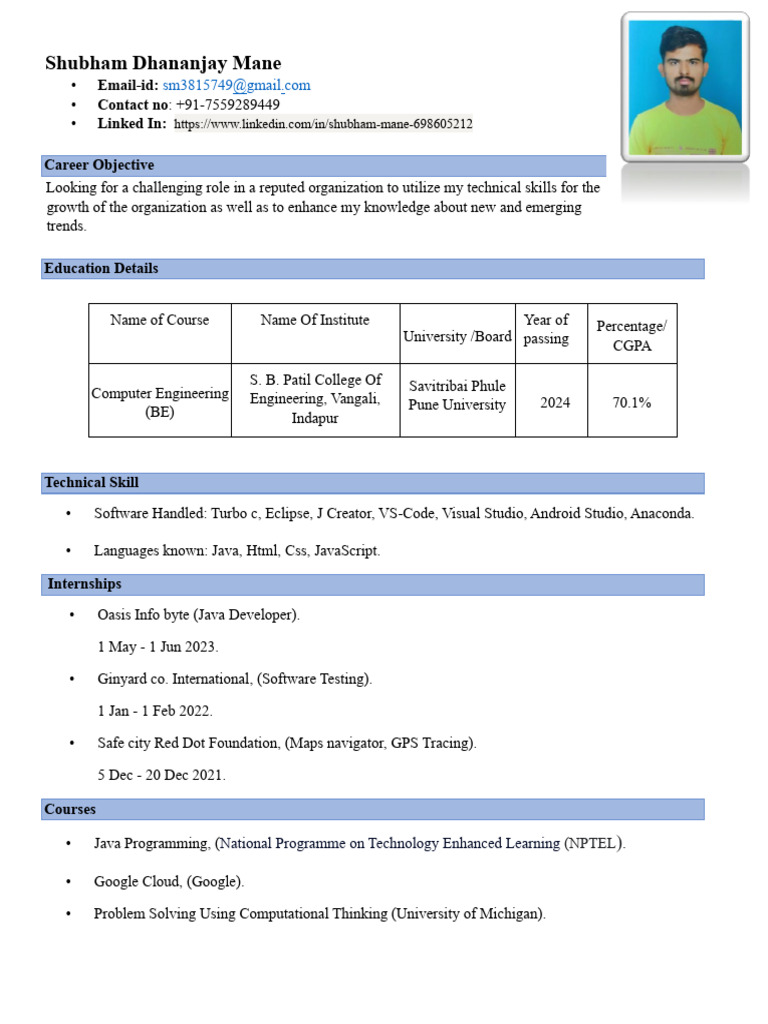 Shubham Mane Resume | PDF | Career & Growth