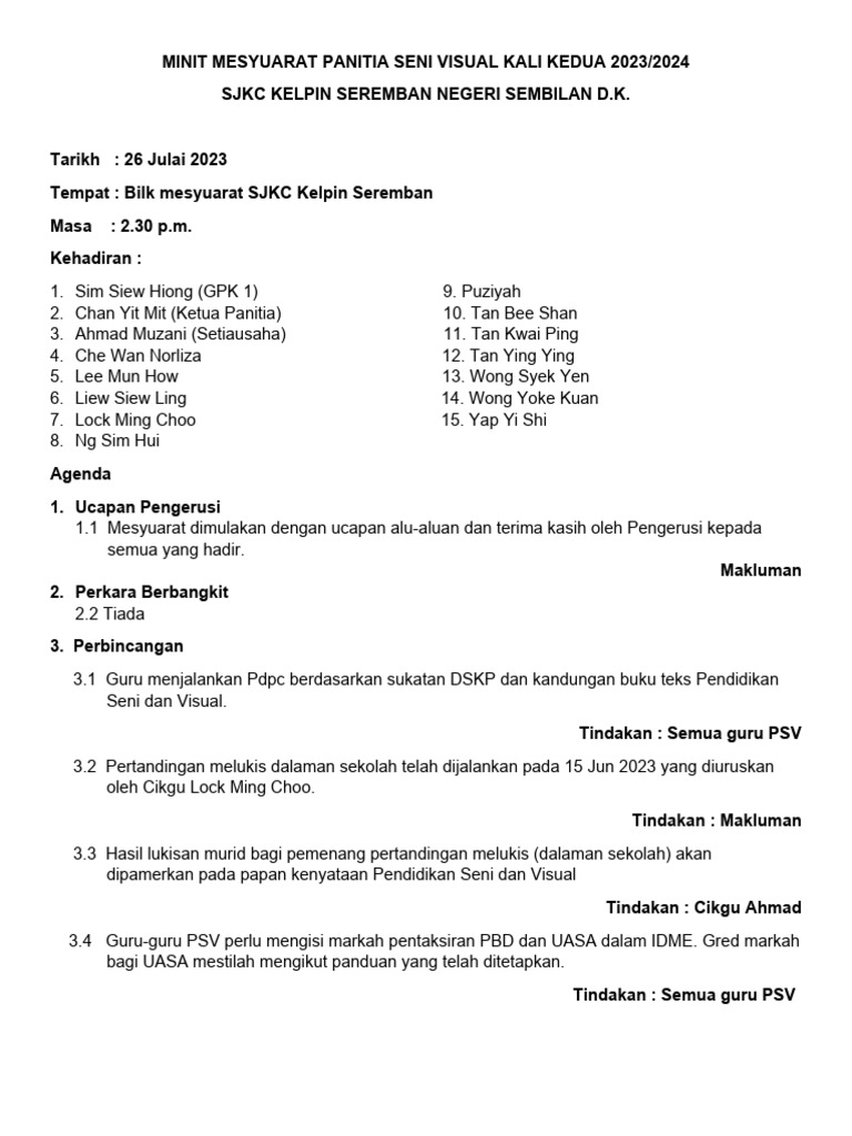 Minit Mesyuarat Panitia Seni Visual Kali Kedua 2023 1 True | PDF