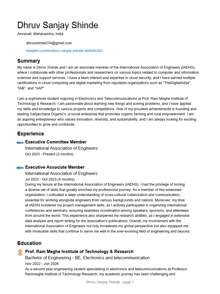 Resume Dhruv Sanjay Shinde | PDF | Computers