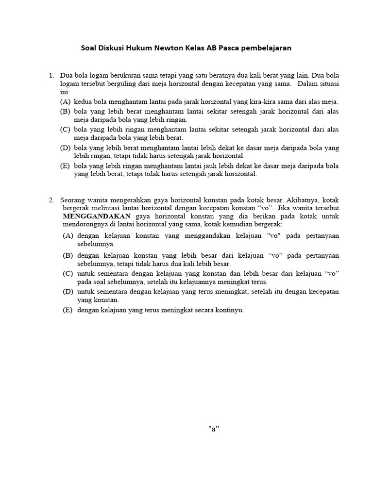 Soal Diskusi Hukum Newton Kelas AB Pasca Pembelajaran | PDF