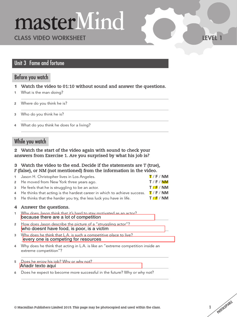masterMind 1 Unit 3 class video worksheet | PDF | Psychology