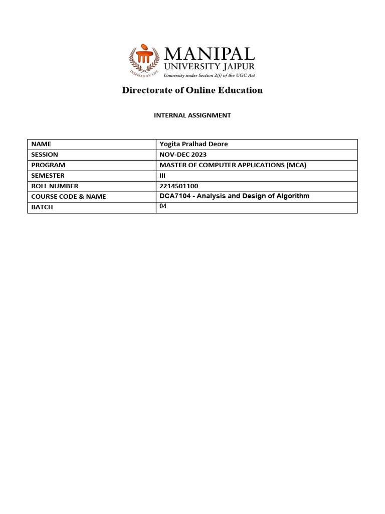 Yogita- IA of Analysis and Design of Algorithm (2) | PDF