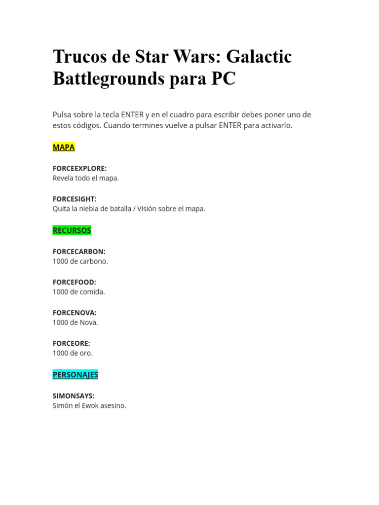 Trucos de Star Wars - Galactic Battlegrounds para PC | PDF | Historia